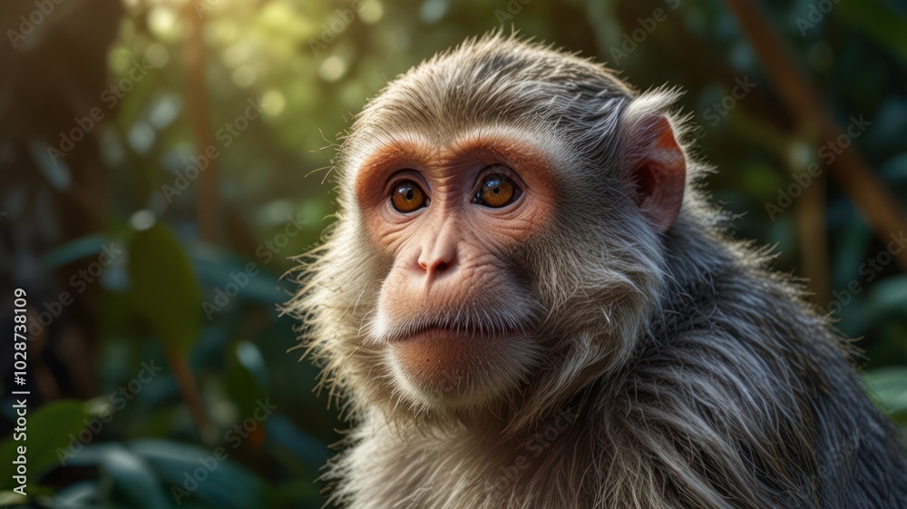 A monkey in the forest with the morning sun, carrying a banana to eat ...