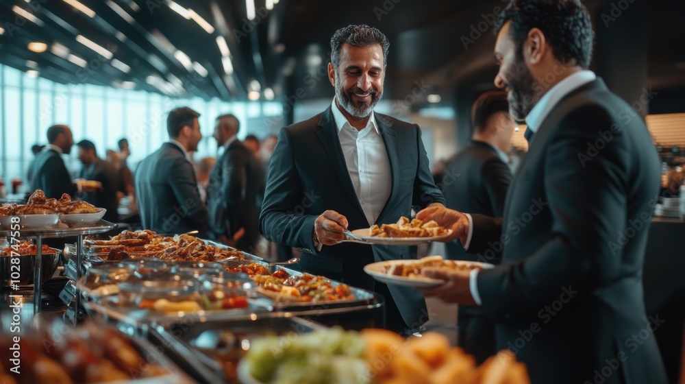Two men in suits enjoying corporate buffet, serving themselves ...