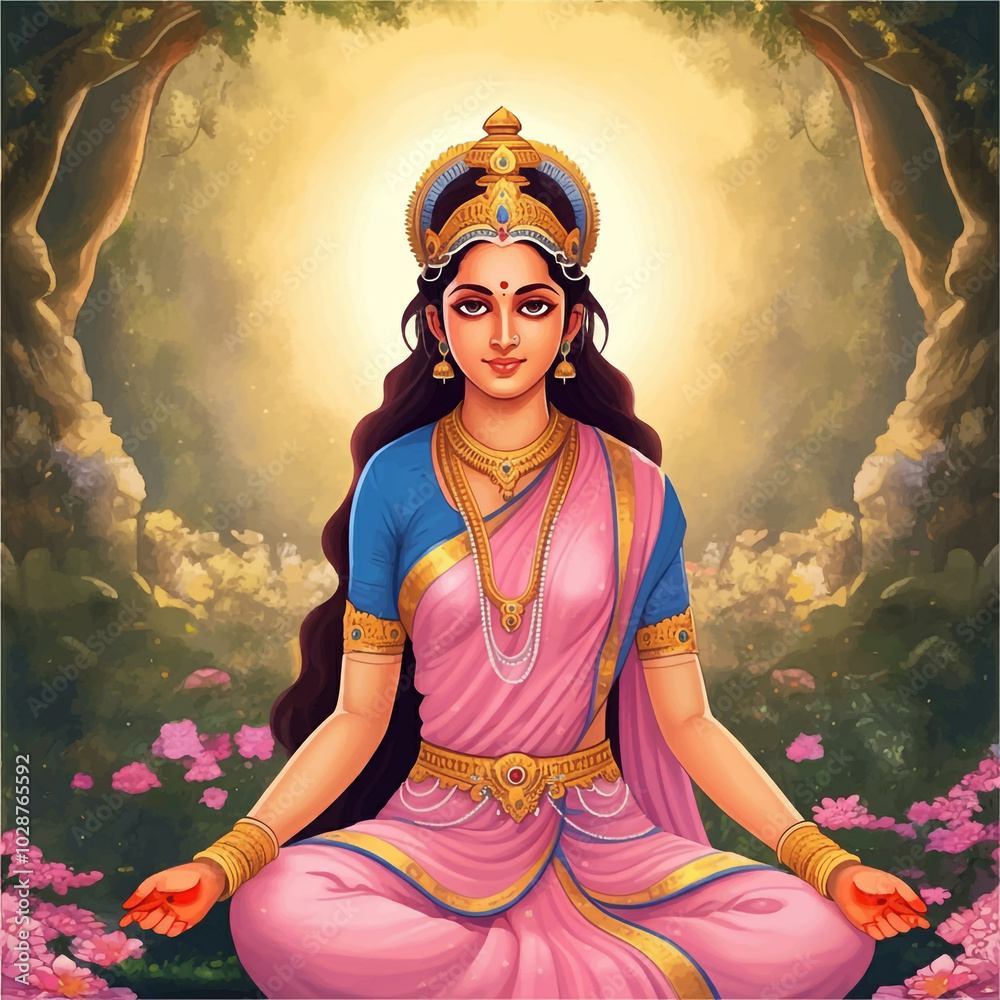 depiction of Goddess Sita in meditation, with a serene expression and a ...