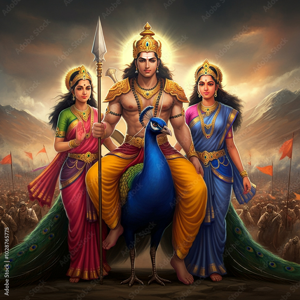 Lord Murugan standing tall with his consorts Valli and Devasena ...