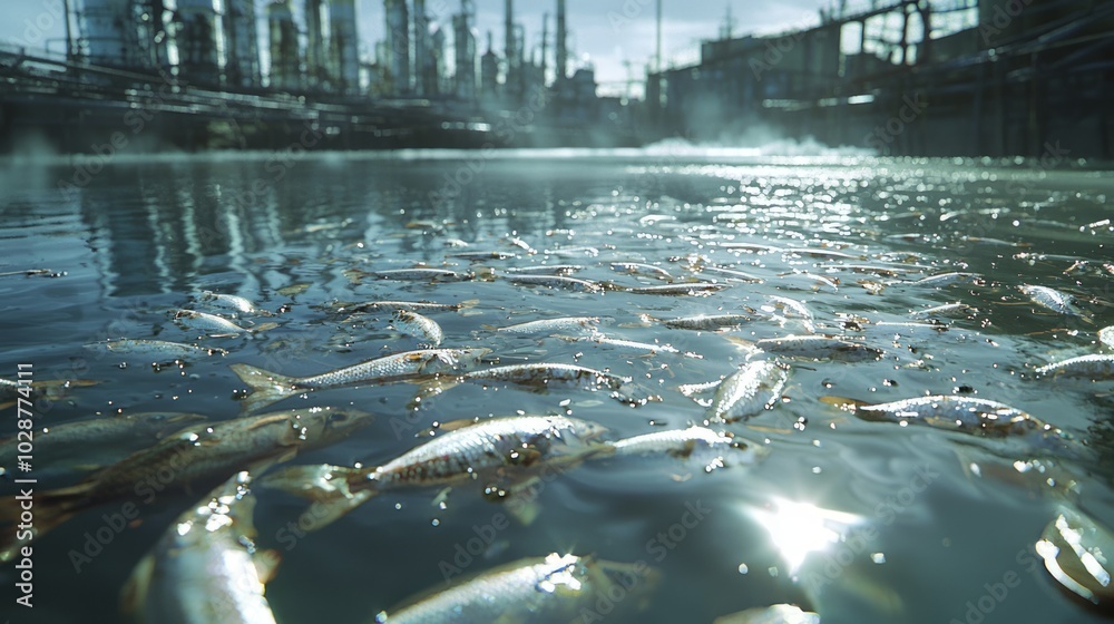 Environmental Catastrophe: Polluted Lake with Dead Fish, Industrial ...
