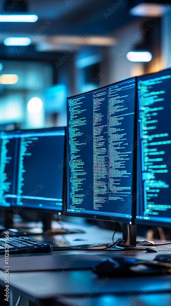 Multiple computer screens displaying lines of code in a dimly lit office environment, showcasing ...