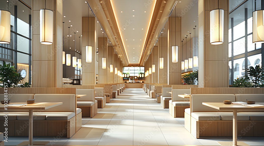 Food court. modern minimalist design. booths around columns and open ...