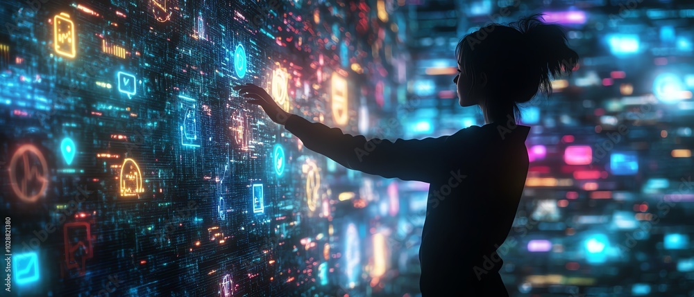 Futuristic virtual space with holographic social media icons, person ...