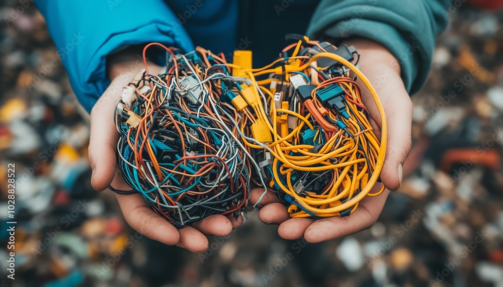 Ewaste concept depicted through teenagers hands holding messy bundles ...