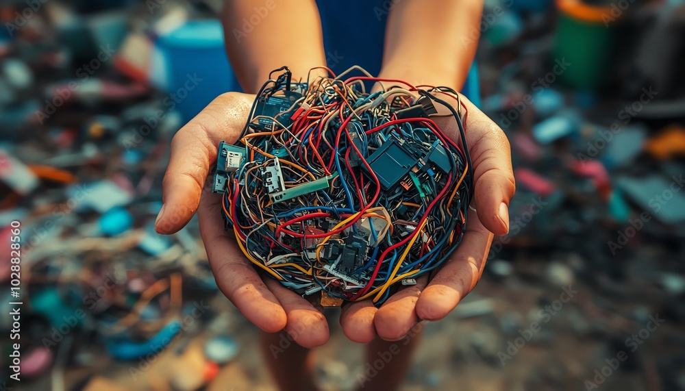 Ewaste concept depicted through teenagers hands holding messy bundles ...