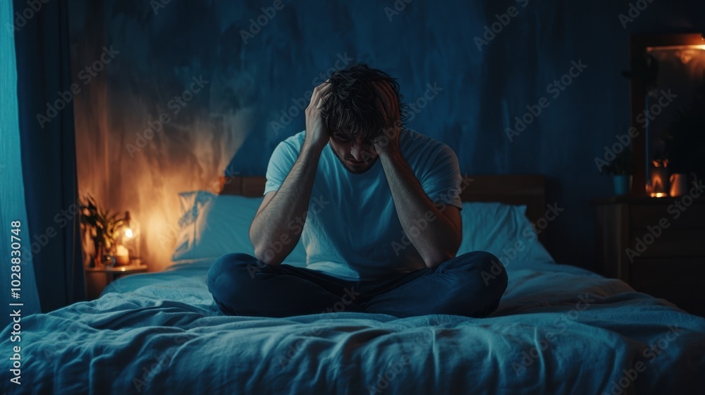 Caucasian man sitting on bed, holding his head in despair, overcome by ...