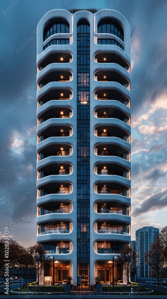 A sleek 8-floor tower. The design features box-like structures on the ...