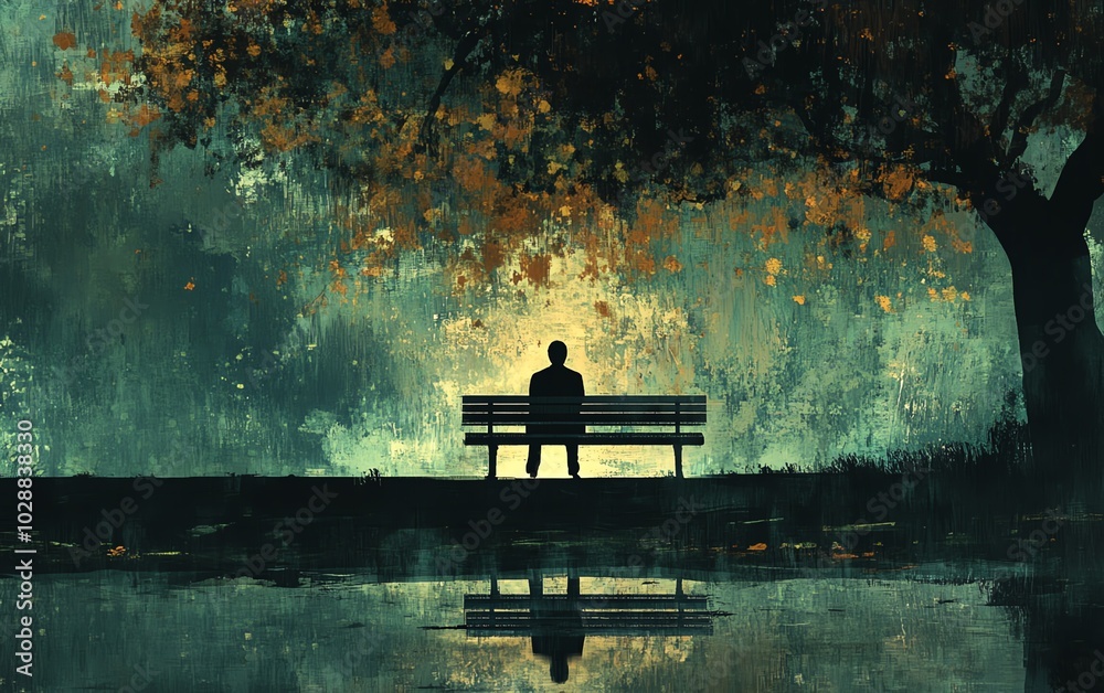 Lonely figure on a park bench, illustrating a melancholic atmosphere of ...