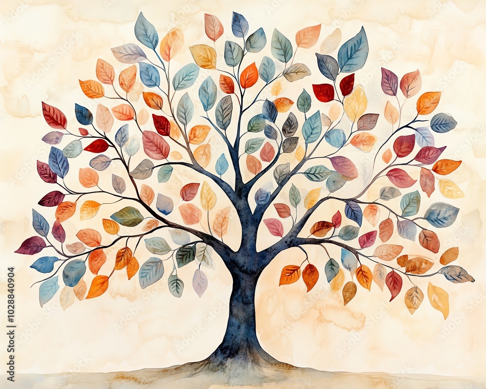 Whimsical watercolor family tree featuring delicate branches, soft ...
