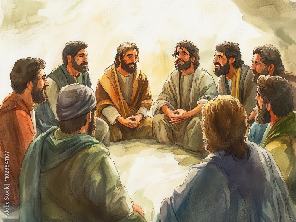 watercolor illustration of jesus' twelve disciples gathered in a circle ...