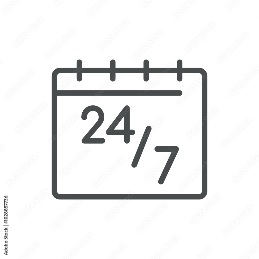 Calendar Icon with 24/7 Symbol for Continuous Availability, Round-the ...