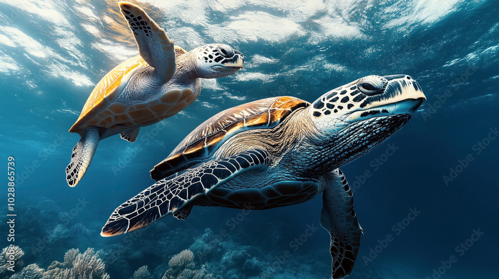 Two sea turtles swimming gracefully underwater with coral reef visible ...