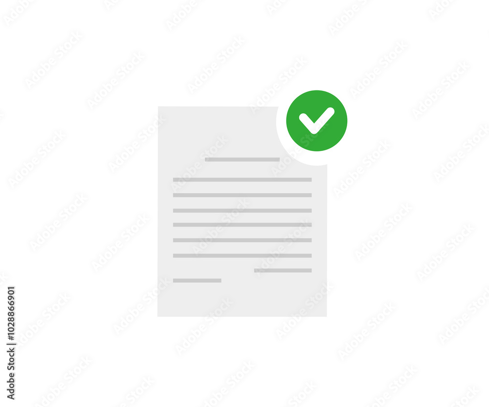 Approved document, green check mark on paper page icon. Successful ...