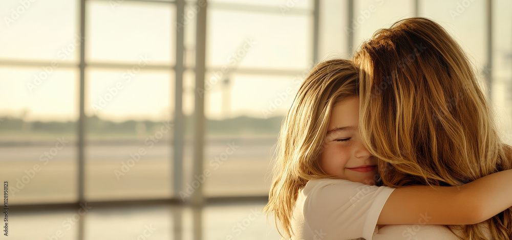 parent hugging their child in warm and loving embrace at airport ...
