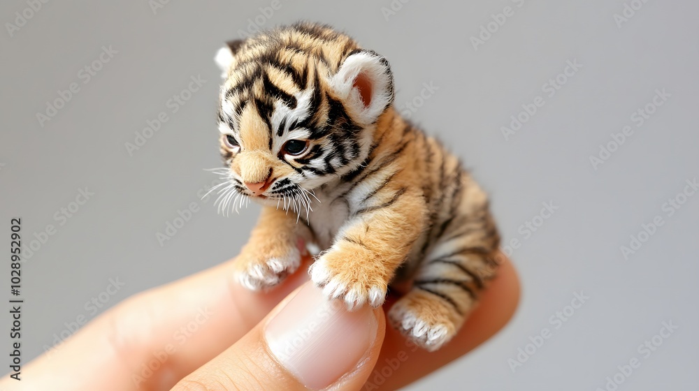 Ilustración de Stock Cute Miniature Tiger Cub in Palm and Fingertip ...