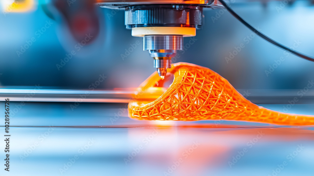 3D printing technology is showcased with close up of an orange filament being extruded from ...