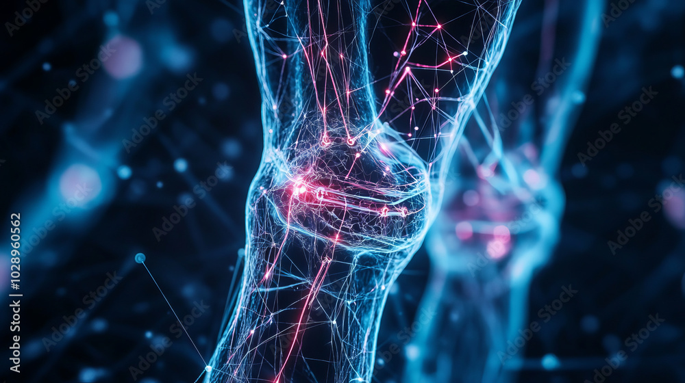 image depicts digital representation of human knee joint, showcasing ...