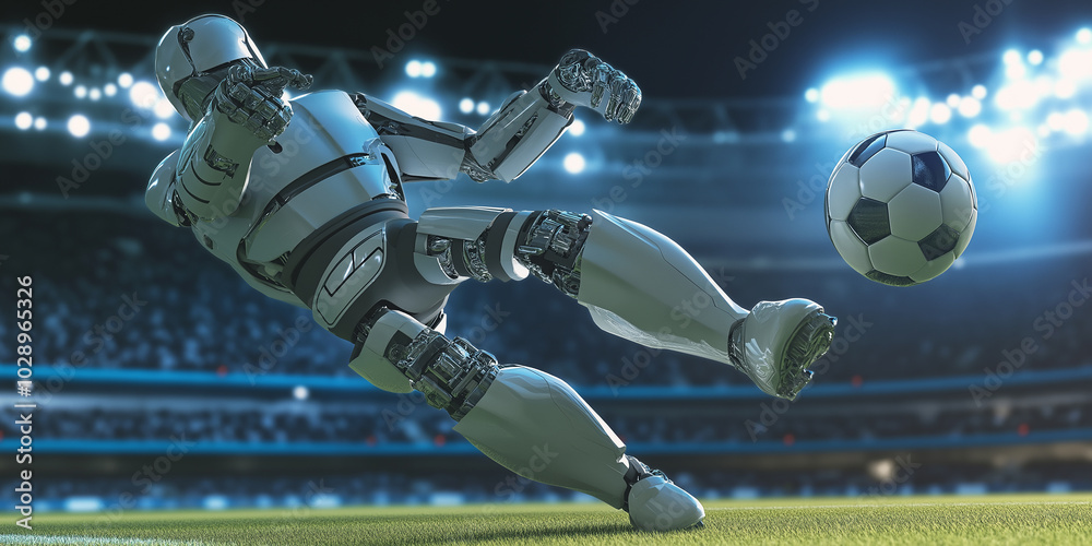 Robot soccer player kicking ball in dramatic pose during night game ...