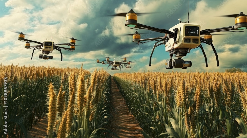 Fleet of autonomous drones scanning crop fields, measuring plant growth ...