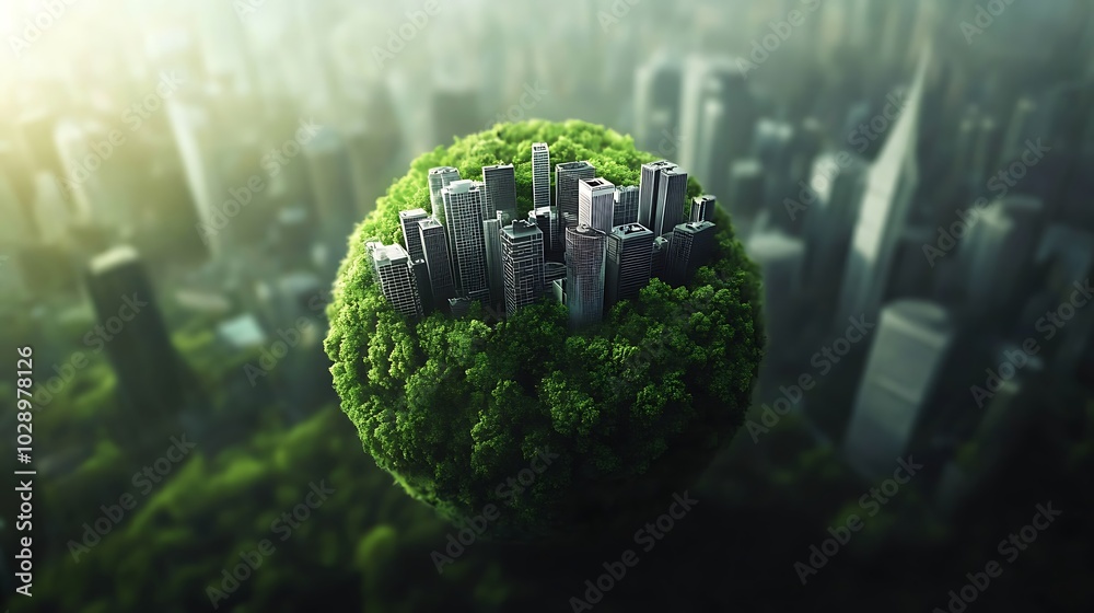 Eco-friendly city on a green globe with trees and skyscrapers, ideal ...