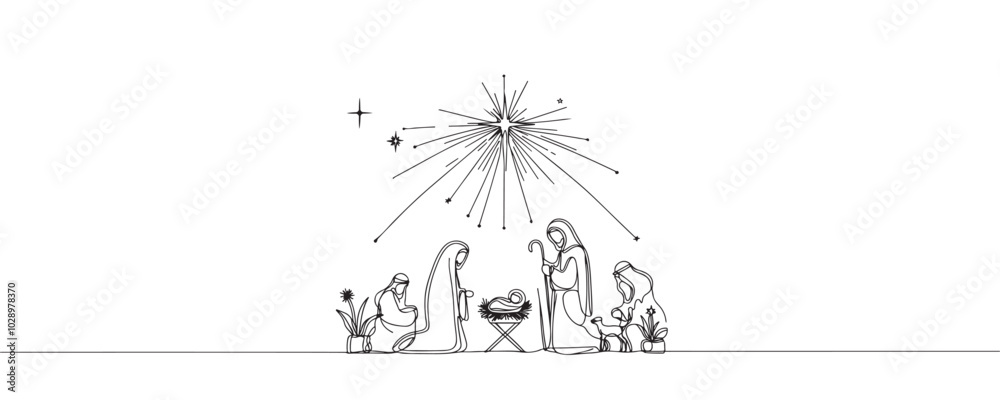 Baby Jesus lying in a manger in a stable. Biblical nativity scene. One ...