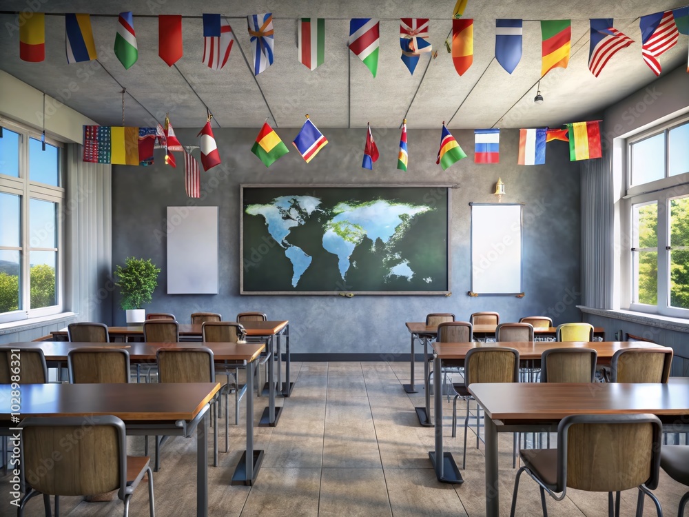 International Classroom Blackboard Featuring Flags of Various Countries ...