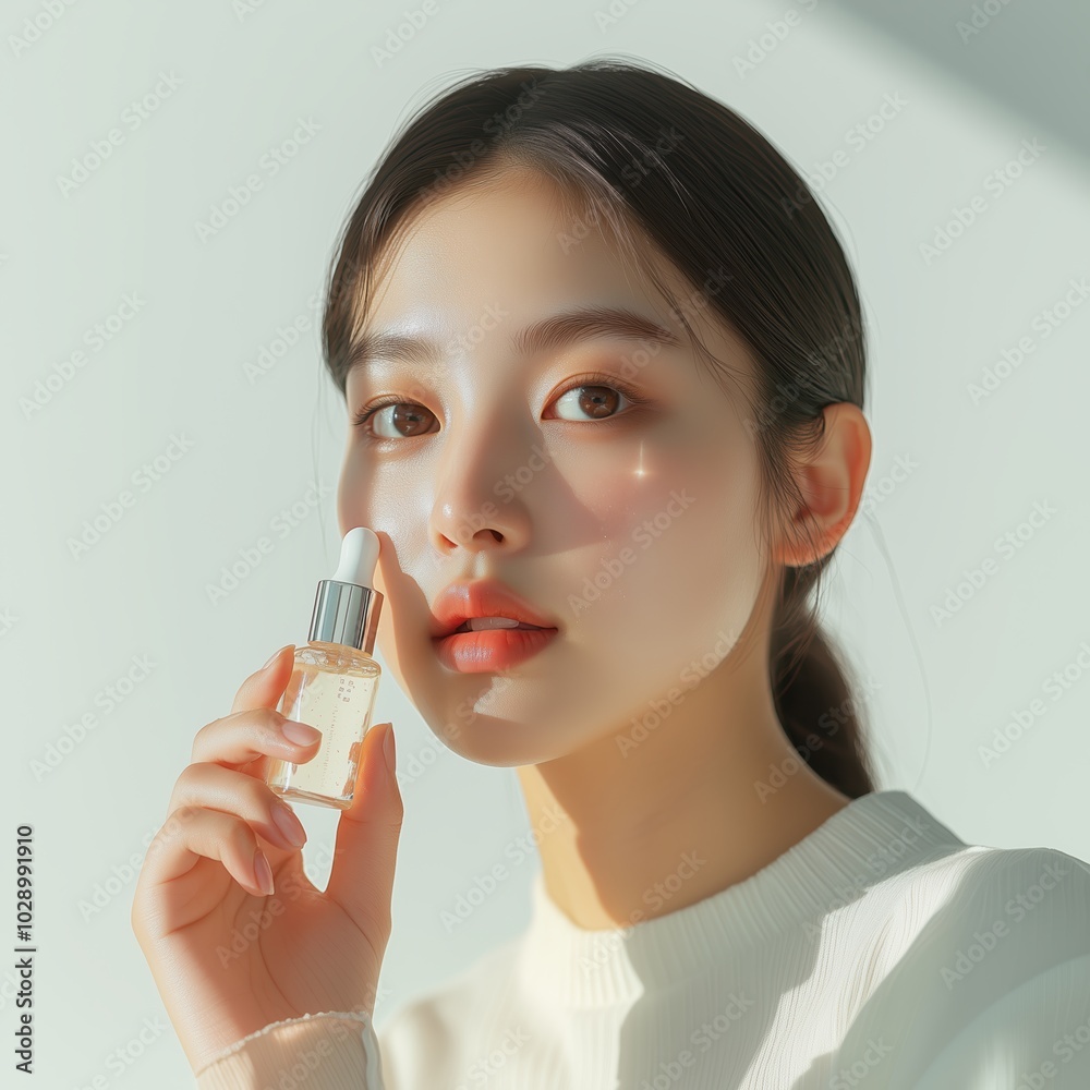 Discover an elegant Korean beauty model showcasing a skincare product. The serene portrait ...