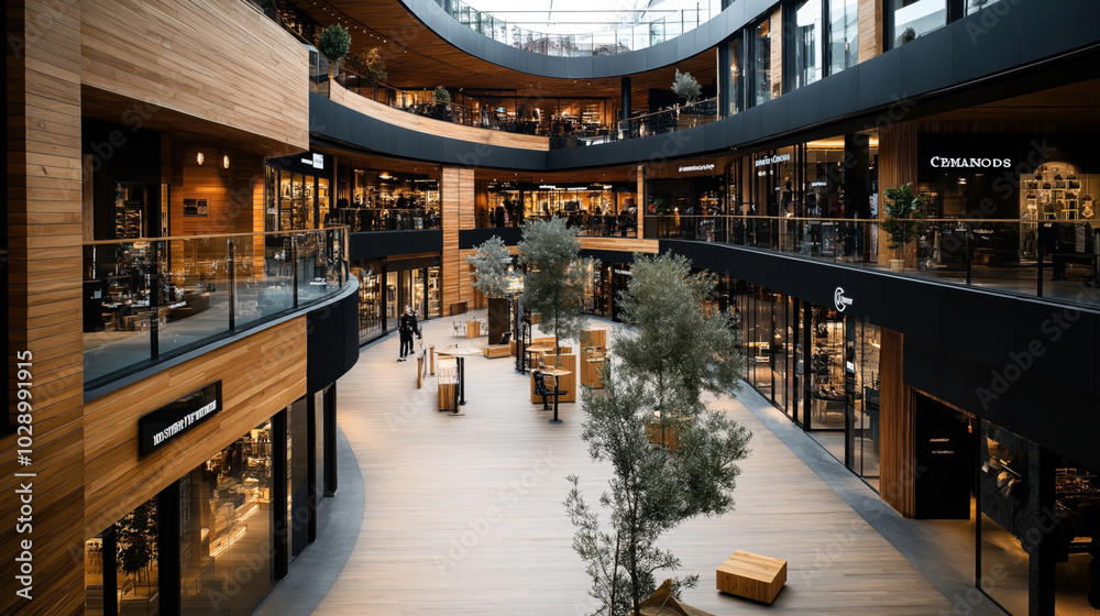 Modern indoor shopping mall with multiple levels, surrounded by wooden ...