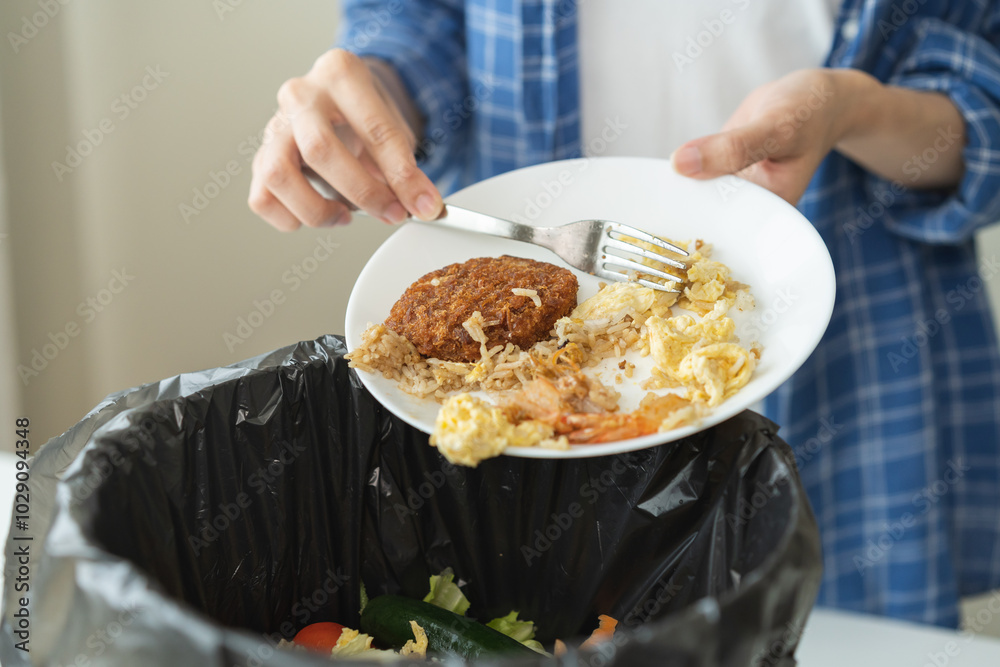 Compost from leftover food, refuse asian young housekeeper woman, girl ...