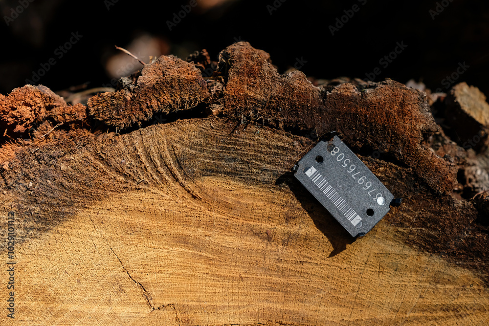 Barcode. Electronic chip is on the wood log. Electronic marking of raw ...