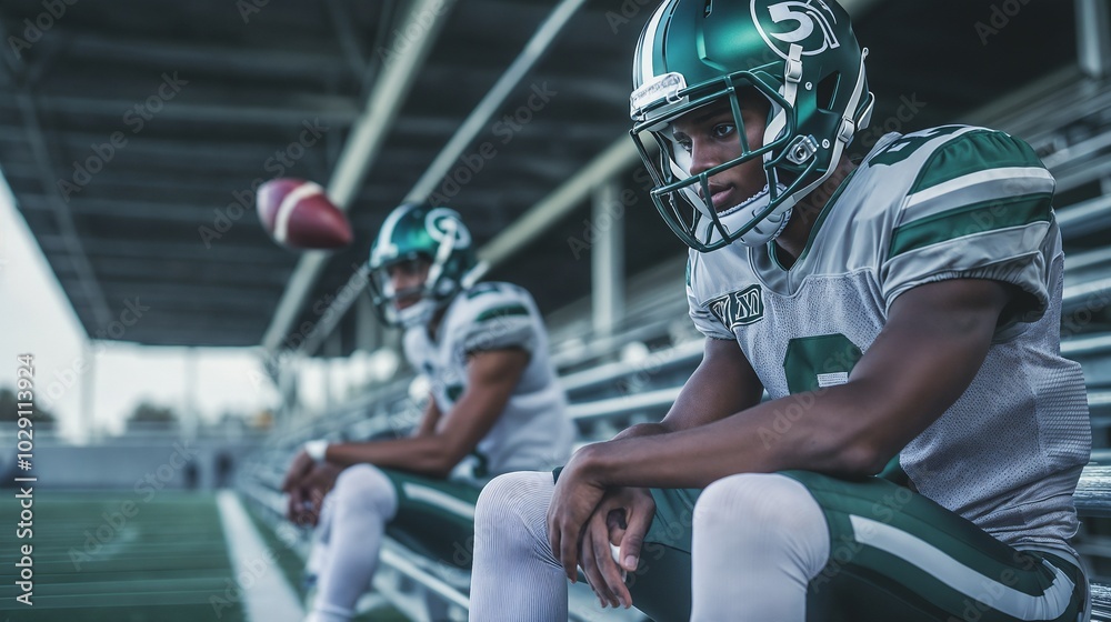 Two football players wait on the bleachers for the game to start Stock ...