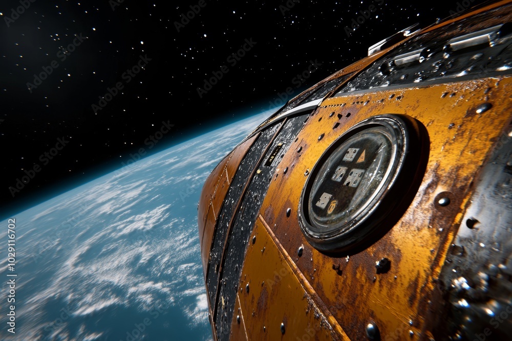 Futuristic spacecraft with rusted metal panels, drifting in space with ...