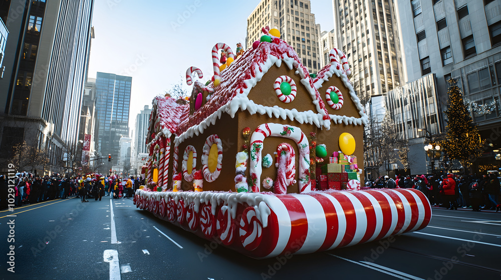 A Christmas parade float shaped like a gingerbread house decorated with ...