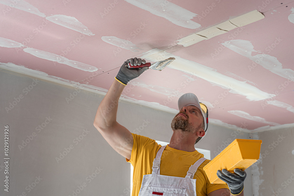 The worker make a plasterboard ceiling. He does taping plaster drywall ...