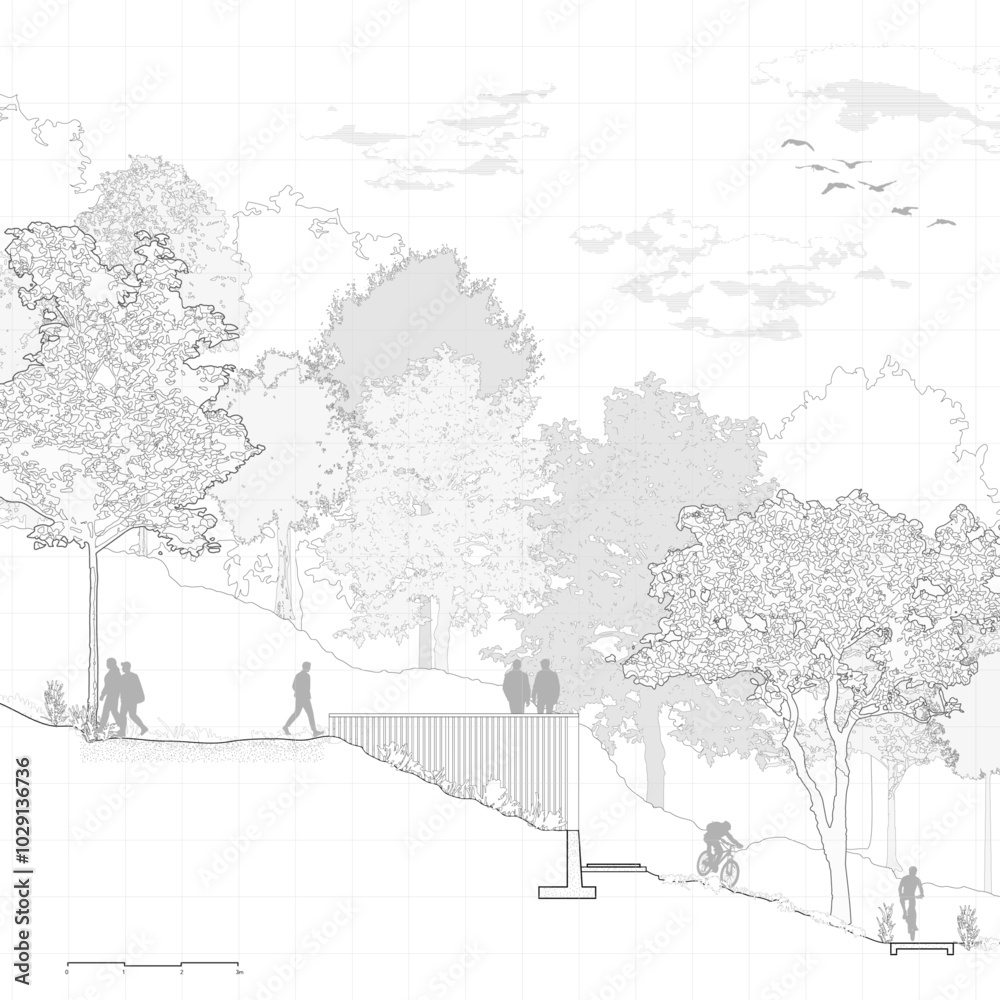Architectural Drawings, Minimal style cad tree line drawing, Side view ...