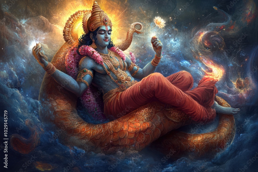 A majestic illustration of Lord Vishnu resting on the serpent Shesha ...