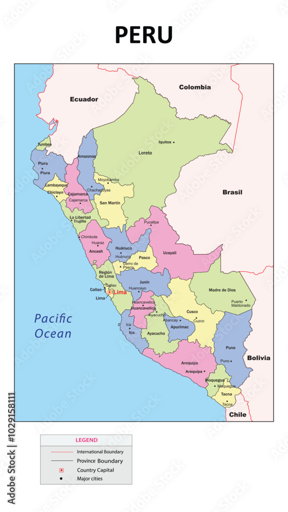 Peru Map. State and union territories of Peru with neighbouring countries. Political map of Peru ...