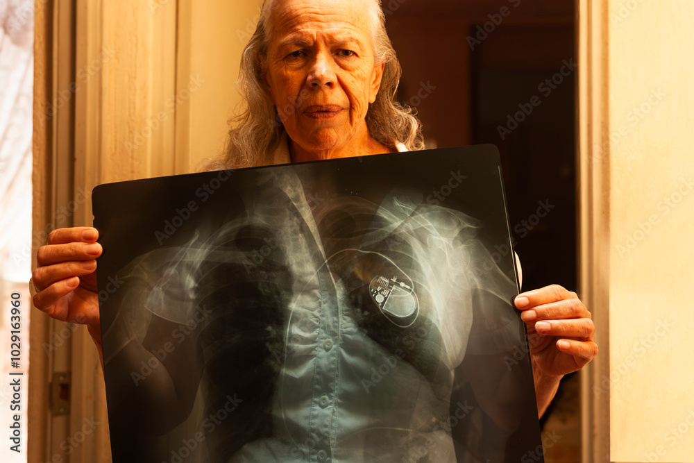 X-ray showing modern pacemaker implant bY Elderly woman in order to ...