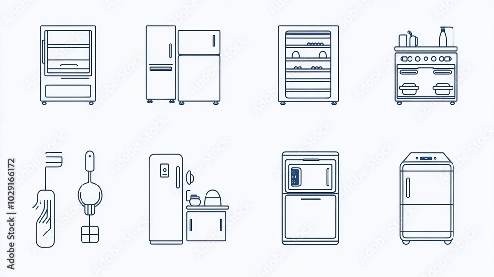 A vector line icon set featuring fridge and freezer-related symbols ...