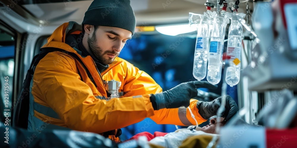 Paramedic setting up an IV for a patient, ensuring proper dosage and ...