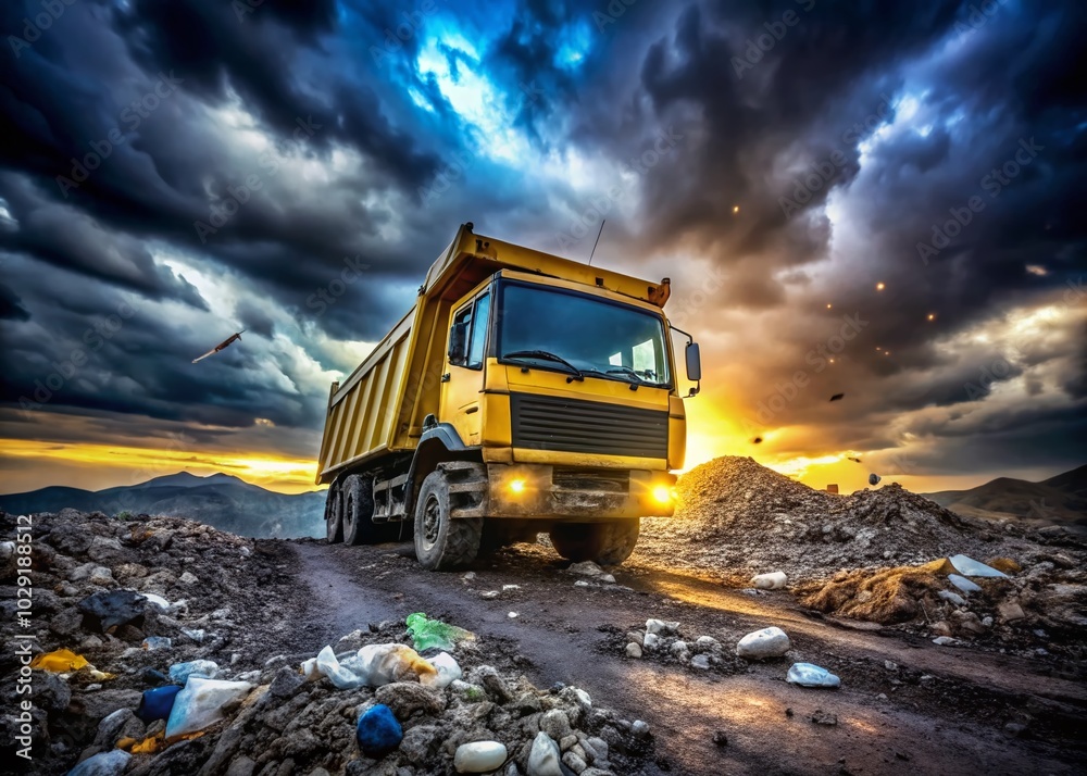 Stuck Yellow Dump Truck in Mud at Chaotic Landfill | Long Exposure ...