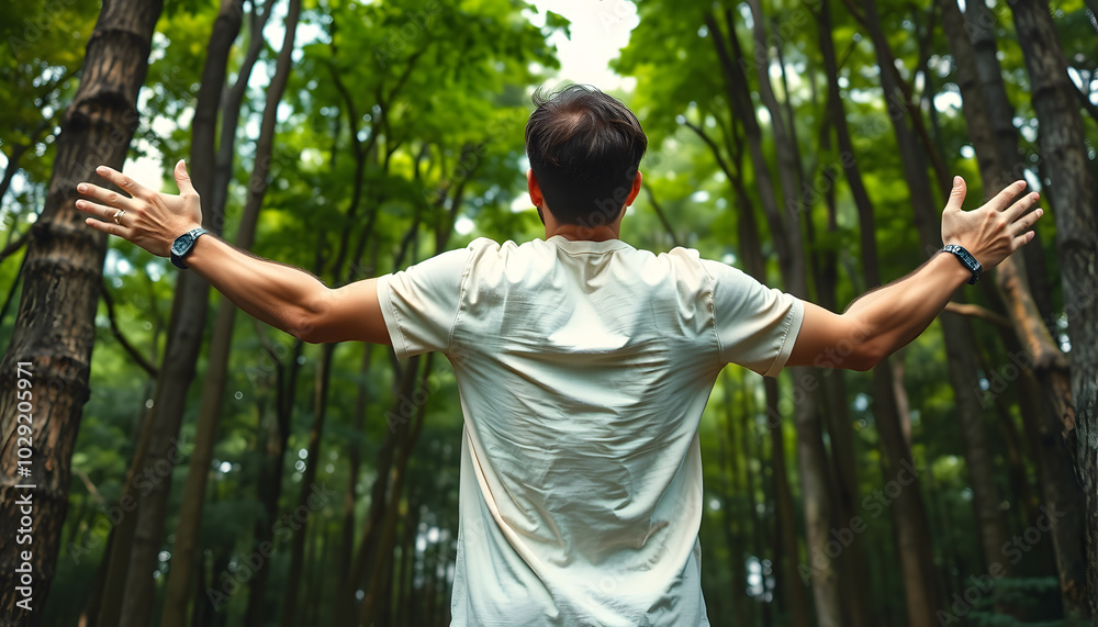 Nature care environment lifestyle people concept. One man opening arms ...