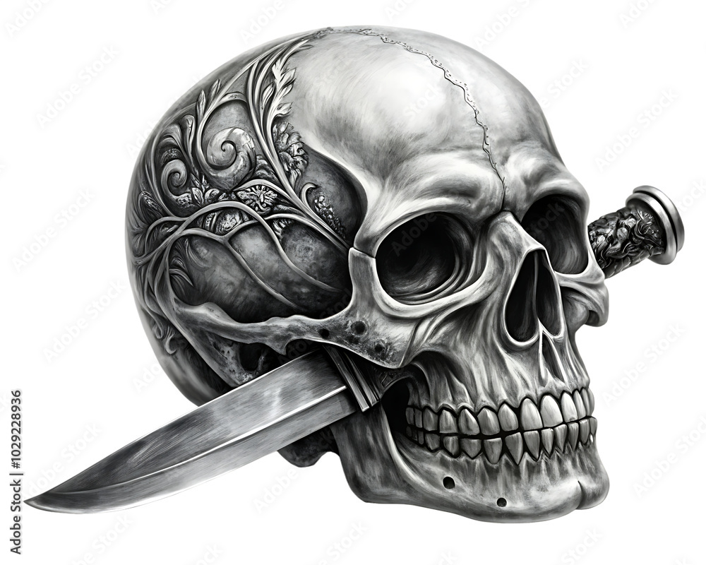 Skull Stabbed with vintage knife isolated on white background as ...