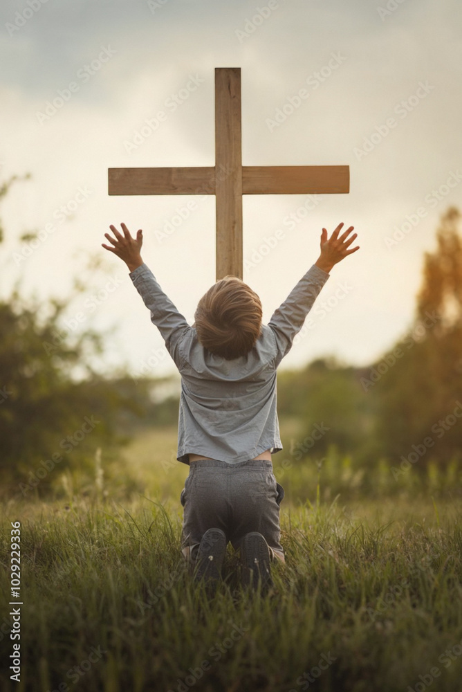 Praising the lord concept. Back view of a young boy with his arms ...
