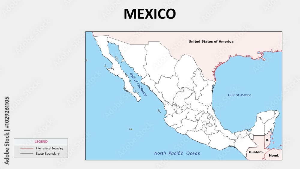 Mexico Map. Political map of Mexico with state border in outline ...