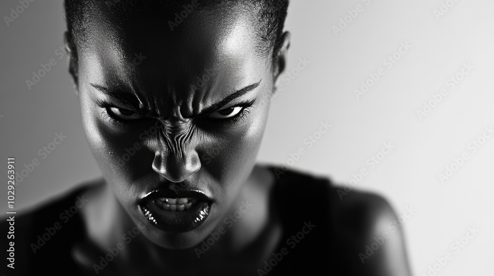 An intense black and white portrait showcasing the raw emotion of an ...