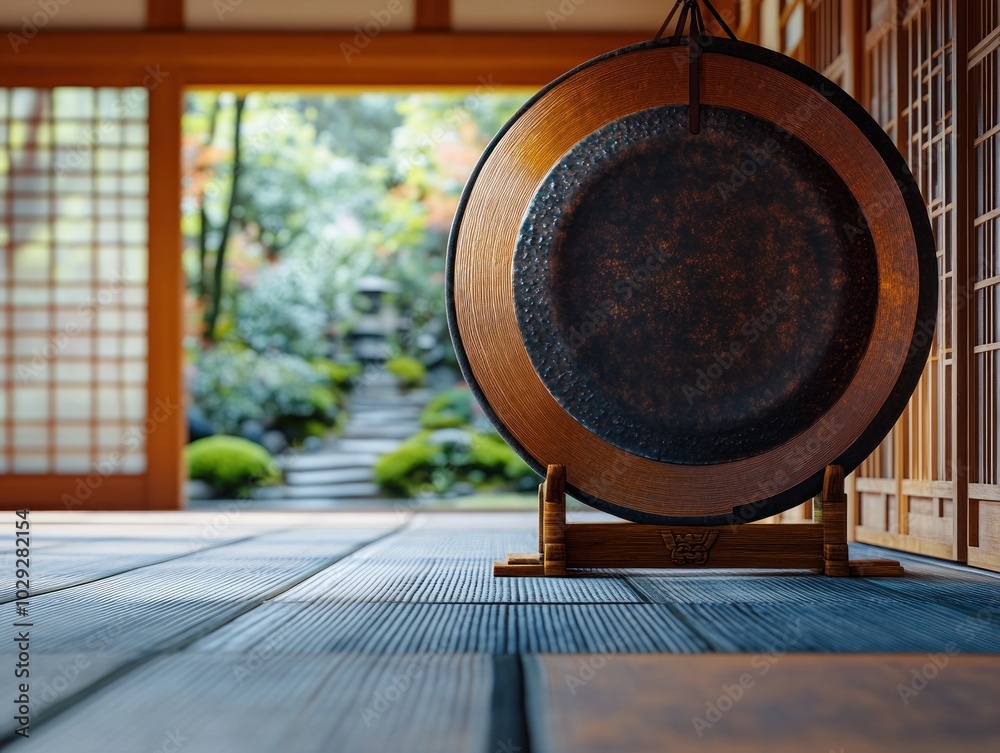 Zen meditation room with large gong in traditional Japanese setting. AI ...