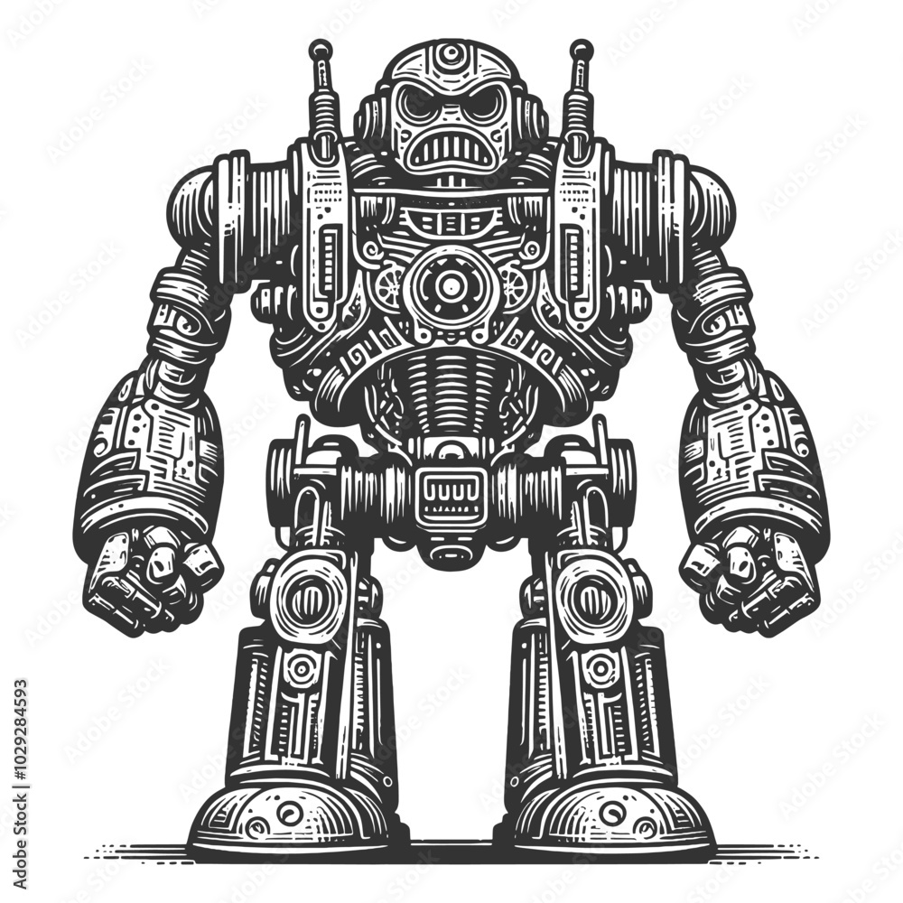 angry vintage robot with gears and bolts, retro-futuristic design and ...