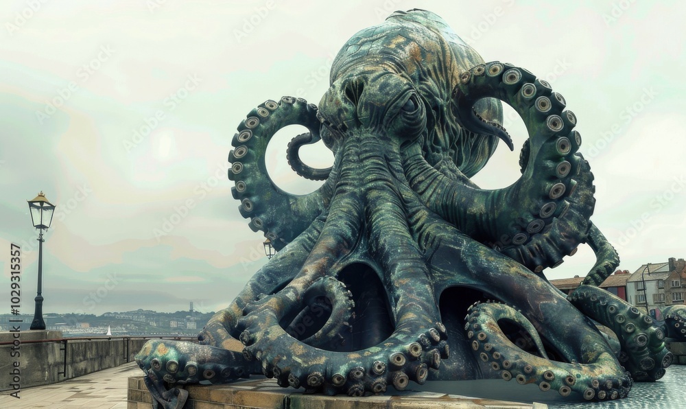 Statue of a kraken erected in a coastal town, depicting its mythical ...